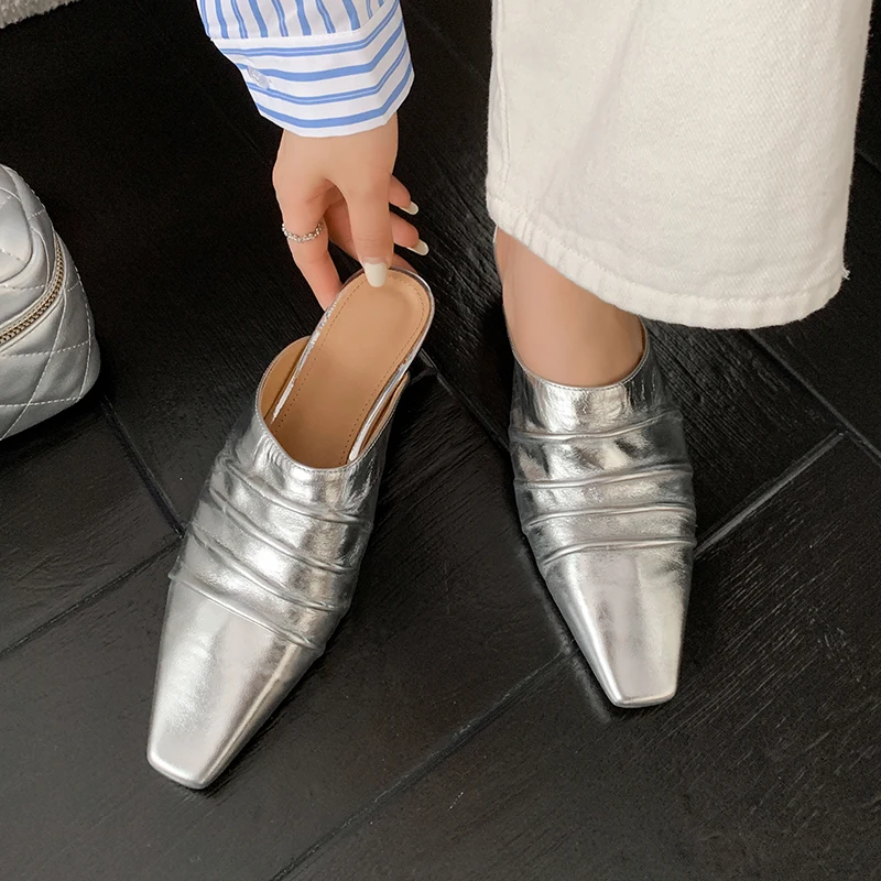 Muller Slippers Women Pumps Square Toe Genuine Leather Slippers Spring ...