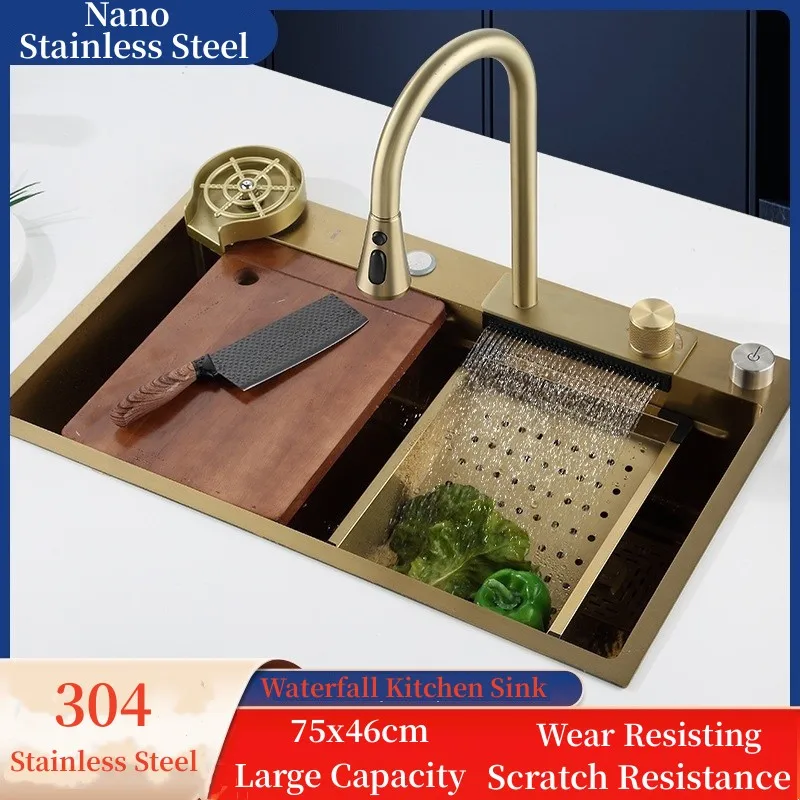 Gold-304-Stainless-Steel-kitchen-Waterfall-Sink-Washing-Basin-Large ...