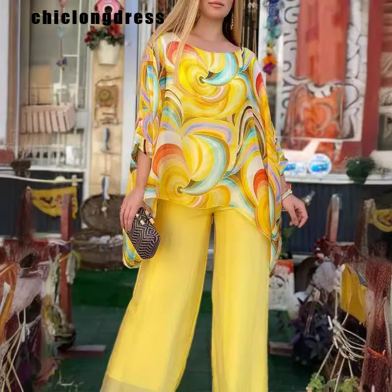 Summer-Fashion-Printed-Chiffon-Two-Piece-Set-Women-Casual-Loose-Chiffon ...