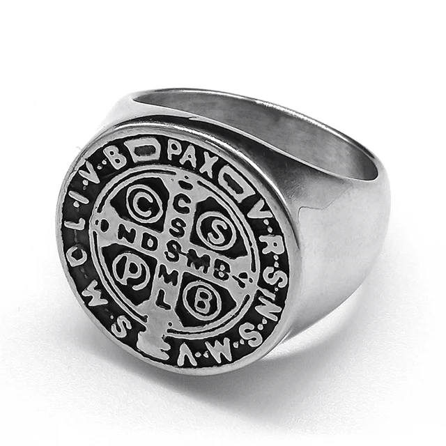 Saint Benedict Cspb Cross Exorcism Ring for Men Stainless Steel Silver ...