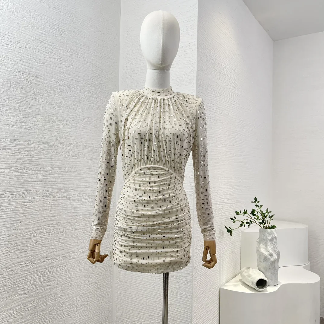 New-Luxury-Summer-Milky-White-Long-Sleeve-Pleats-Diamonds-Pressed-Slim ...