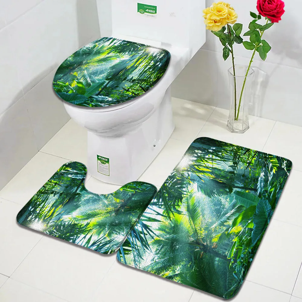 Tropical Jungle Bath Mats Set Forest Palm Tree Banana Leaves Nature ...