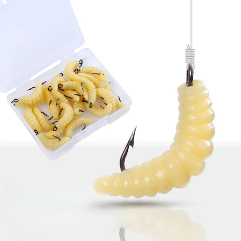 20PCS Grub Lures Rubber Bread Worm Maggots With Hooks For Bass Trout ...