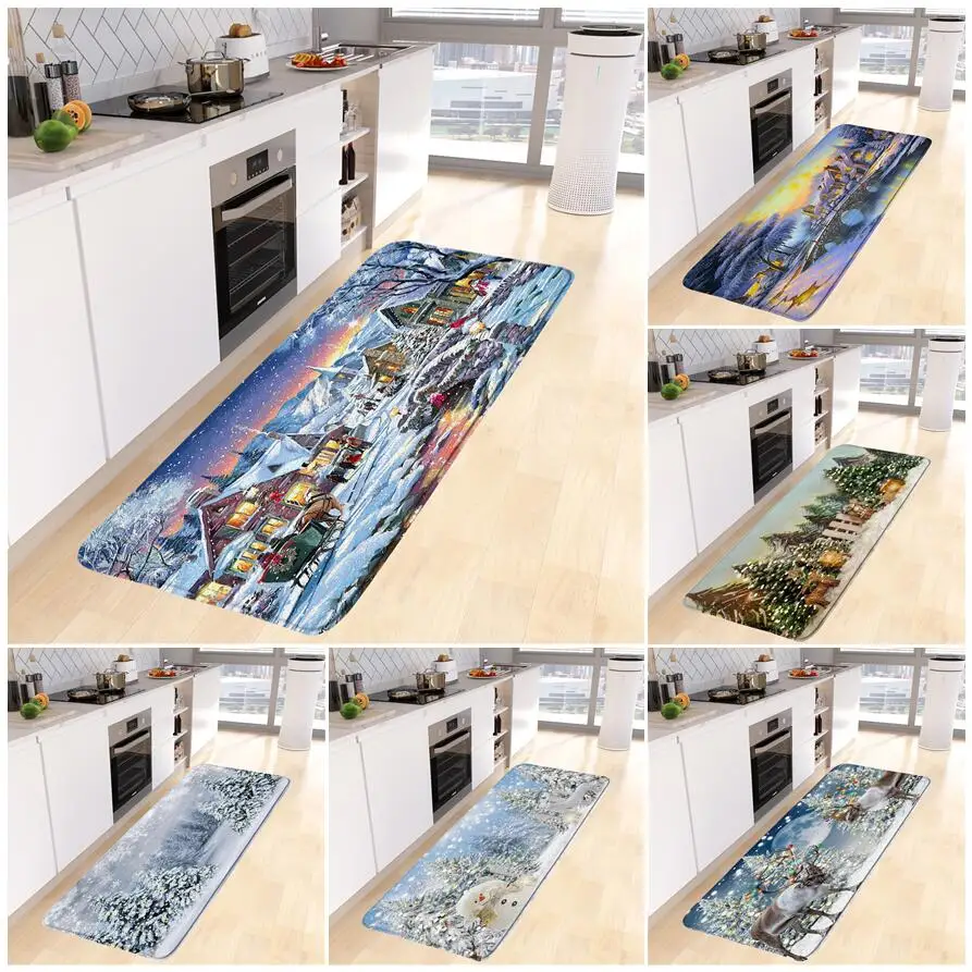 Christmas-Kitchen-Mats-Winter-Snowman-Reindeer-Xmas-Trees-Snow-Mountain ...