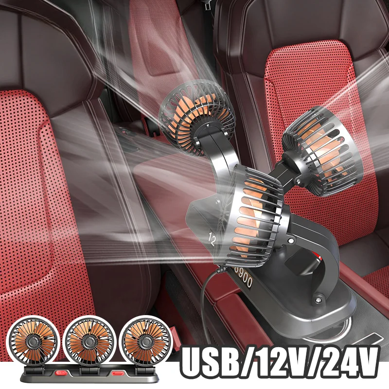 Car-Fan-Cooling-Car-Electric-Fan-360-Adjustable-3-Heads-USB-12V-24V-Fan ...