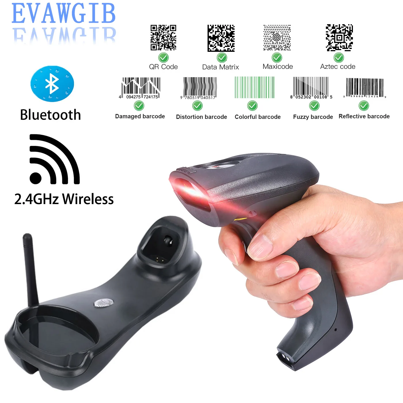 EV B2503 IP52 2D wireless barcode scanner with stand Bluetooth QR ...