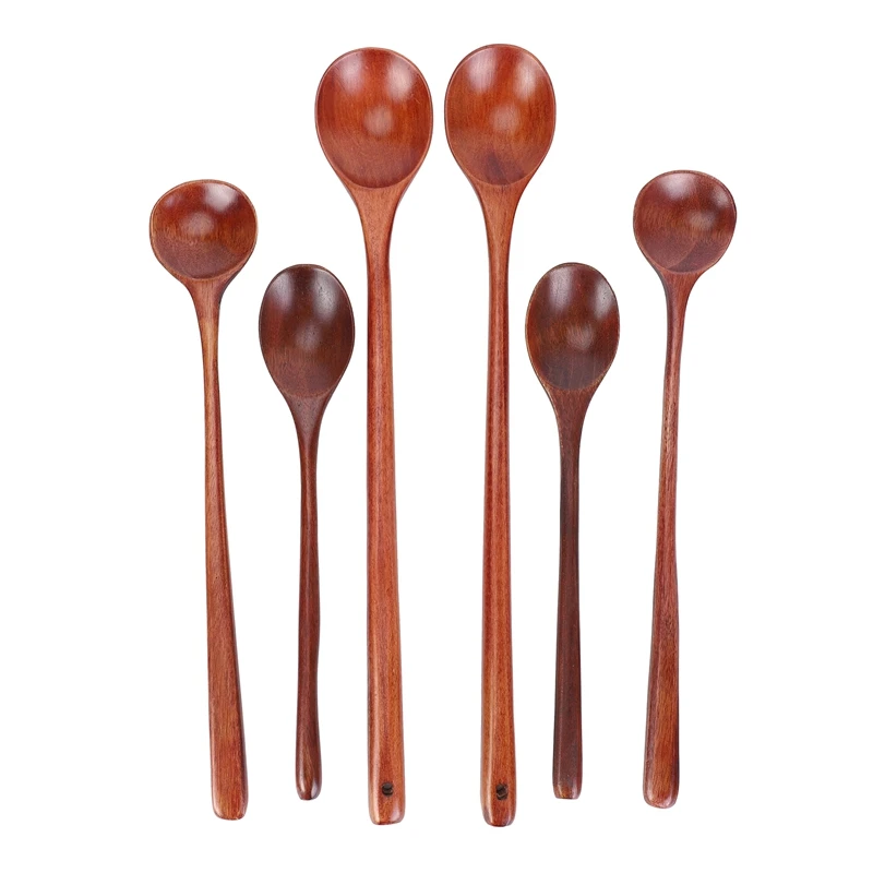 6 Pieces Wooden Spoons Kitchen Serving Long Handle Soup Cooking Tasting ...