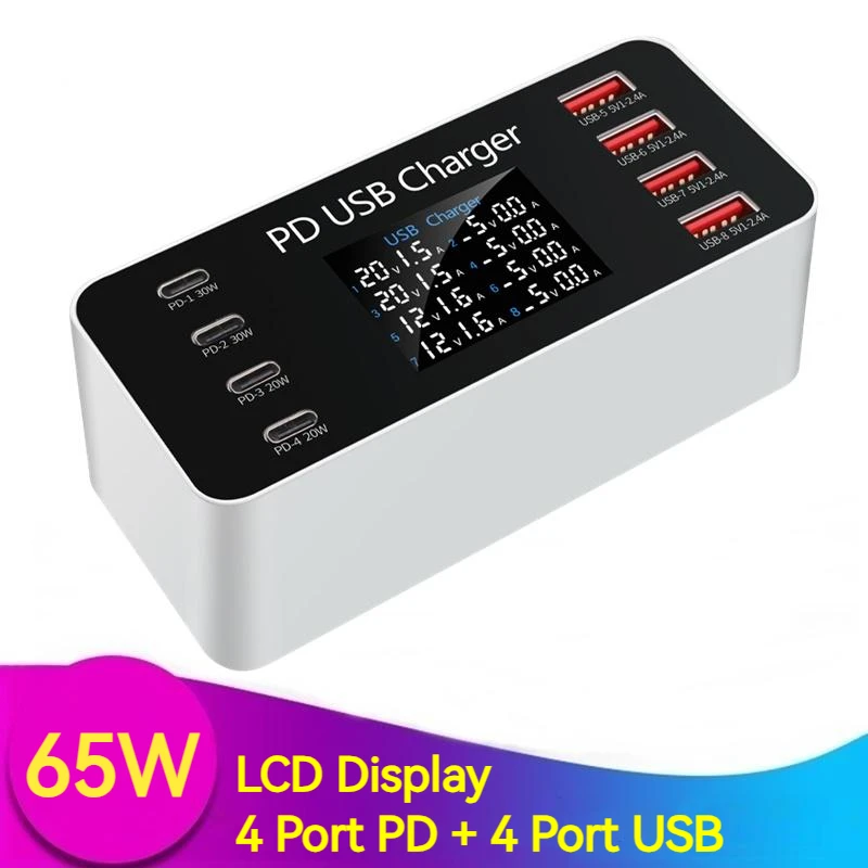 65W-Multi-PD-USB-Fast-Charger-LCD-Display-8-Ports-USB-PD-30W-Charging ...