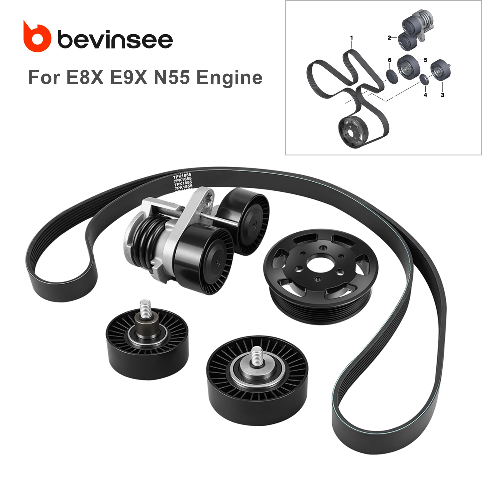 For BMW N55 Drive Belt Pulley Tensioner Kit & Power Steering Pulley ...