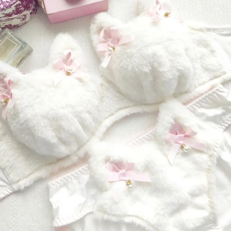 193D Funny Cats Underwear Set Faux Furs Bra Top and Panty Plush ...
