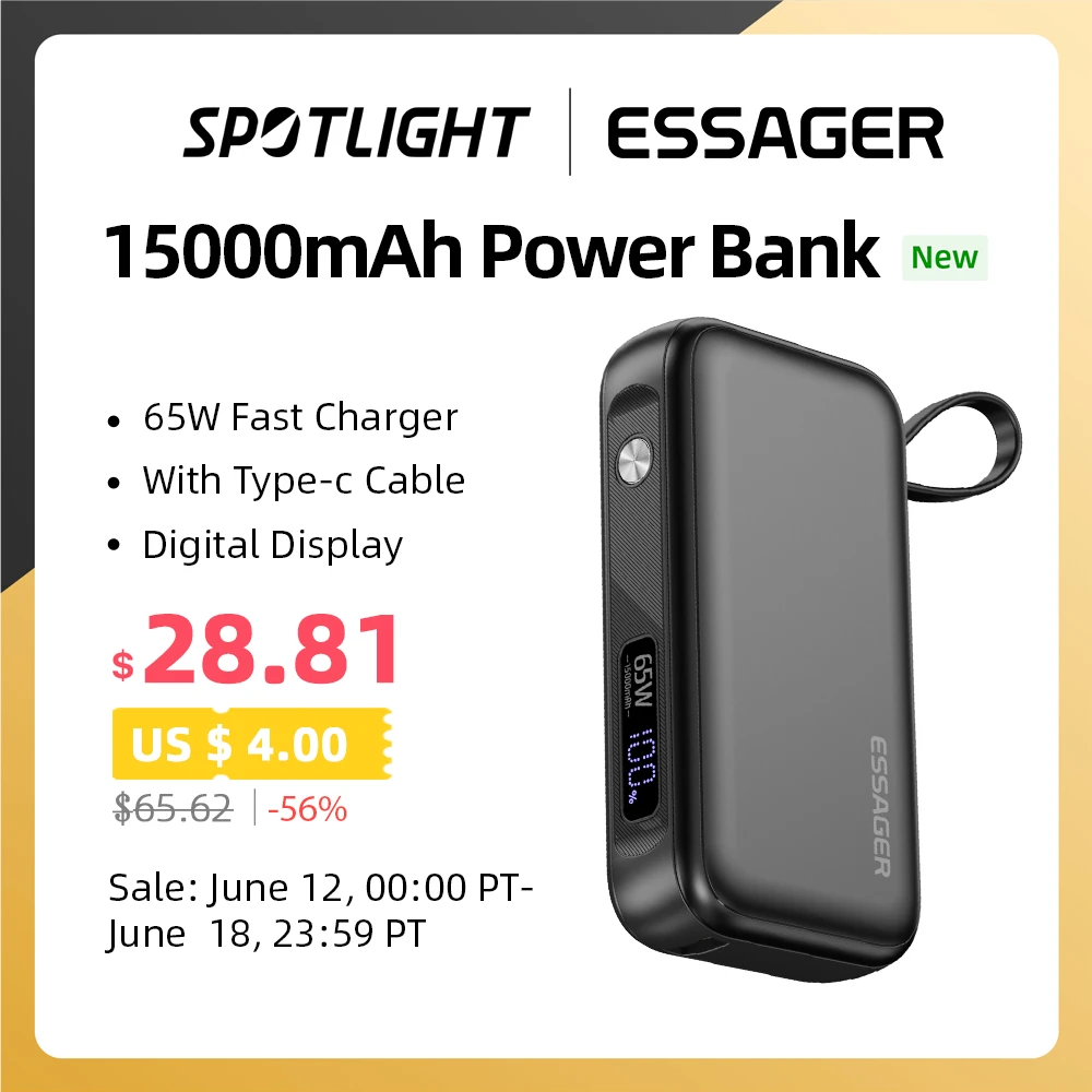 Essager Power Bank Portable 15000mAh in With USB C Cable External Spare Battery Pack for iPhone ...