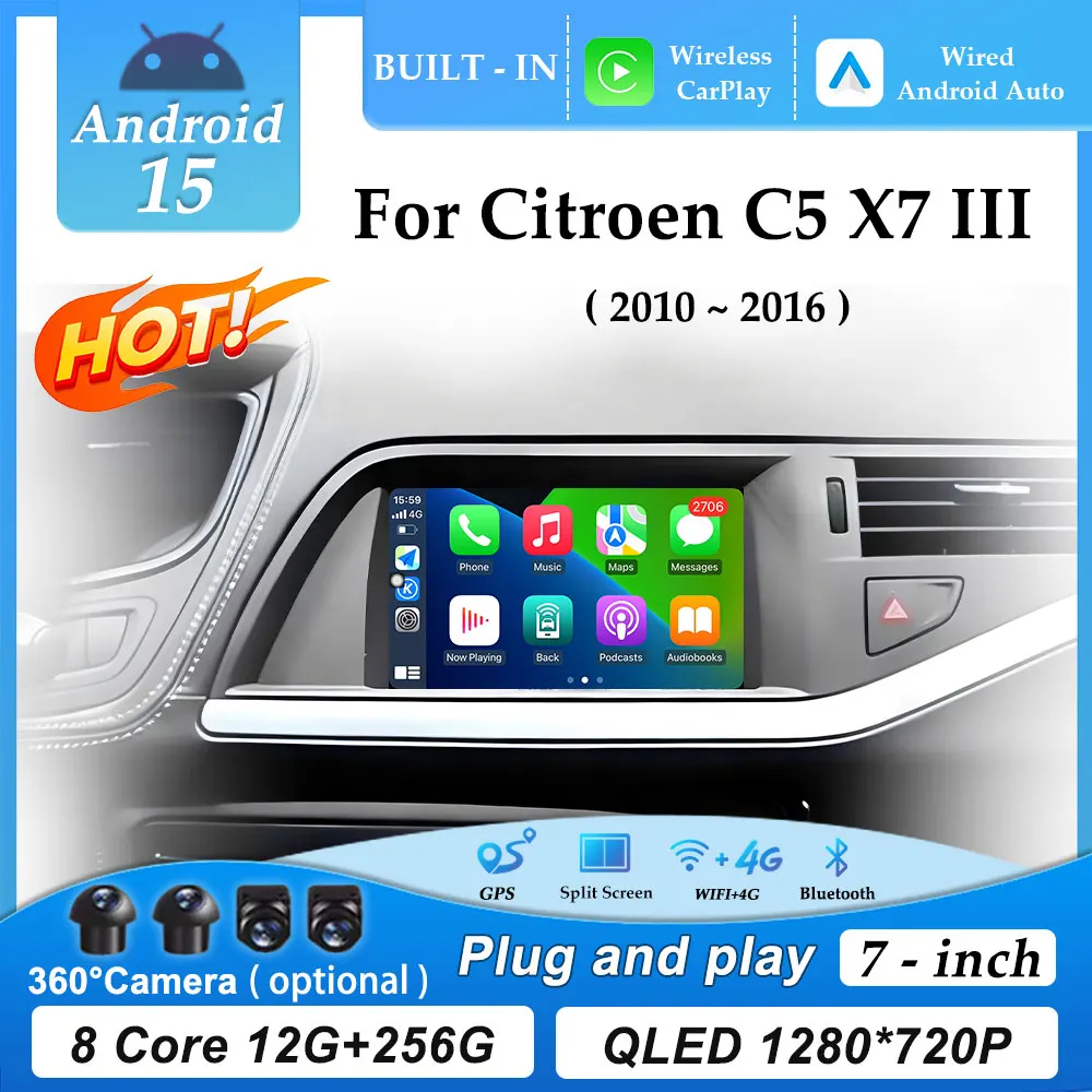 7 "navigation GPS pour citroën C5 X7 III 2010-2016 Android 15 Carplay ...