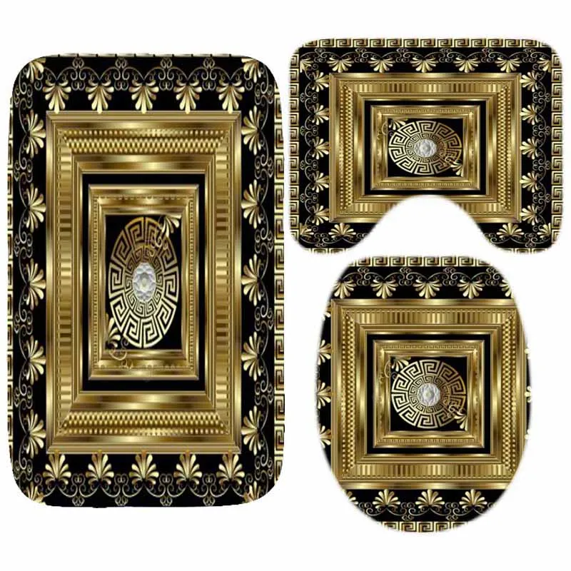 3PCS-Luxury-Black-Gold-Greek-Key-Pattern-Bath-Rug-Set-Geometric-Meander ...