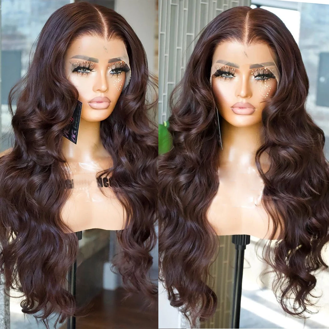 13x4 Dark Brown Body Wave Lace Front Wig Natural Hairline Synthetic ...