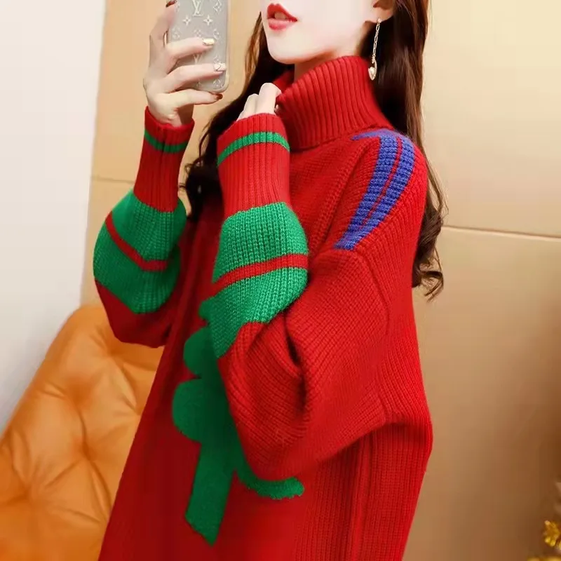 Red Green Sweater Christmas Knit Pullover Cute Cartoon Tree Women's ...
