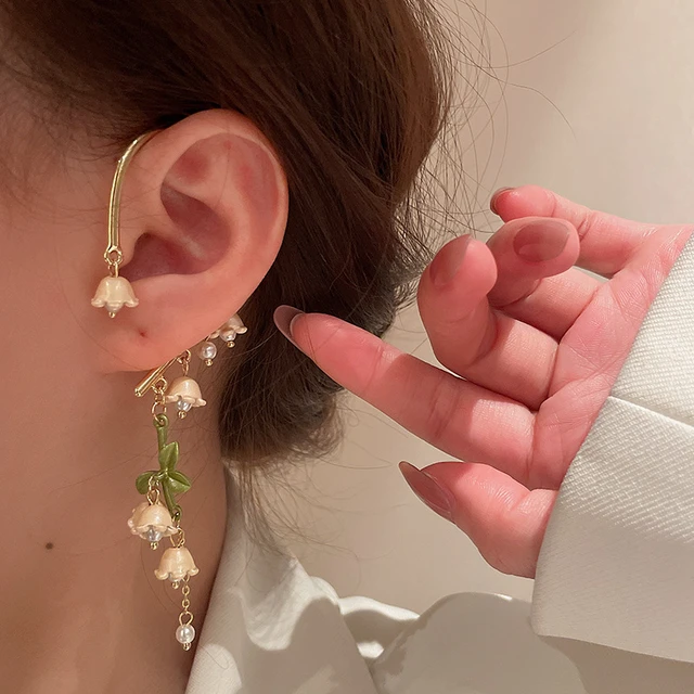 Fashion Bell Orchid Flower Pearl Tassel Clip Earrings For Women Elegant ...