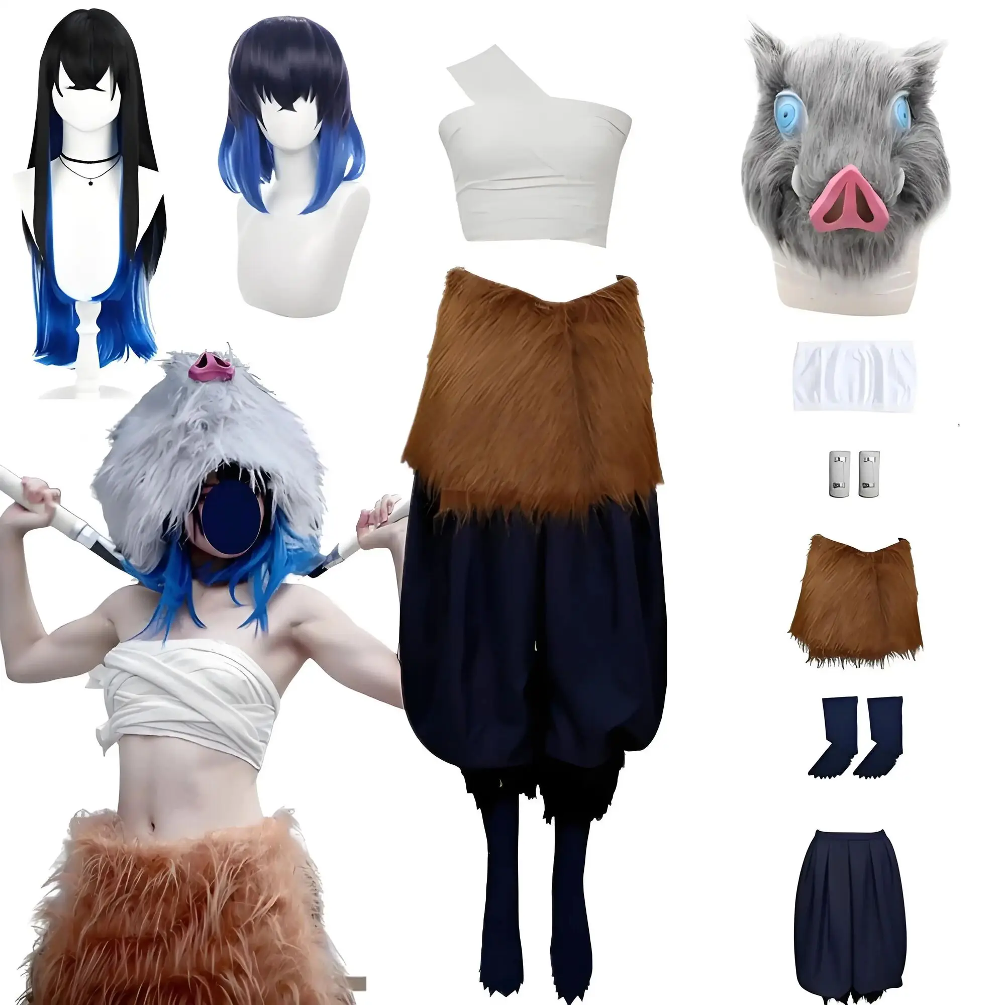 Anime Demon Slayer Hashibira Inosuke Cosplay Costume Set Inosuke ...