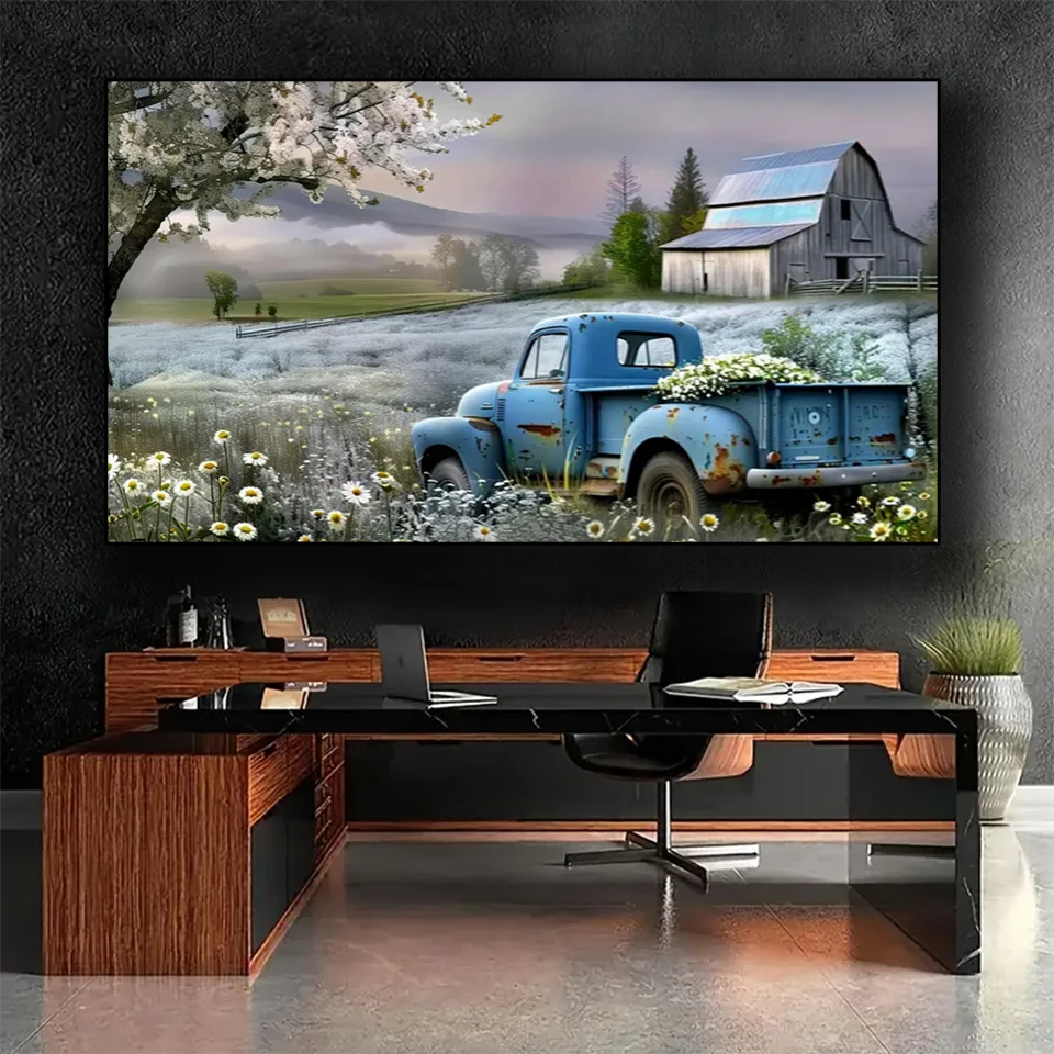 Vintage Pickup Pastoral Barn Scene Painting Rustic Diy Diamond Painting ...