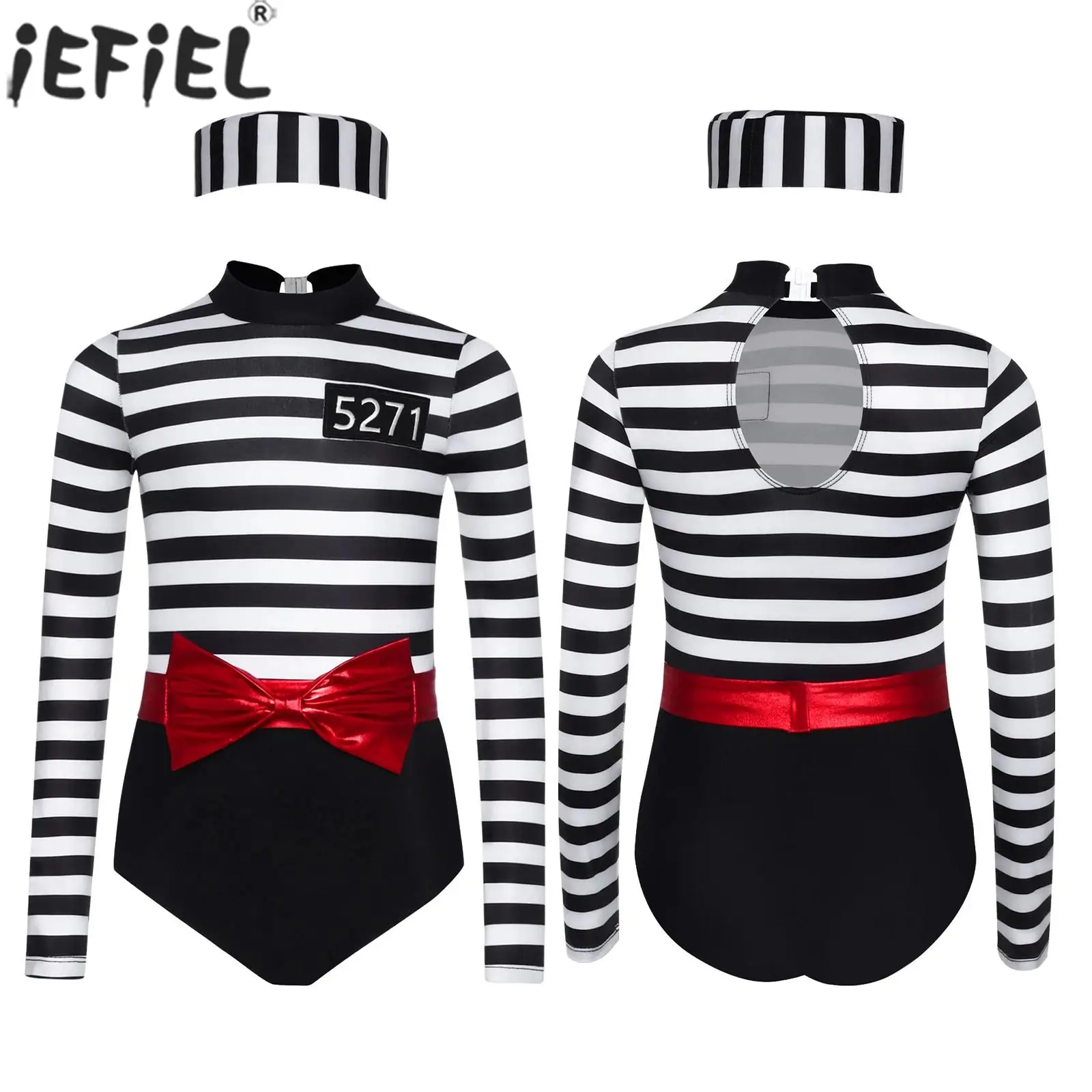 Teen Girls Halloween Prisoner Cosplay Bodysuit Long Sleeve Striped ...