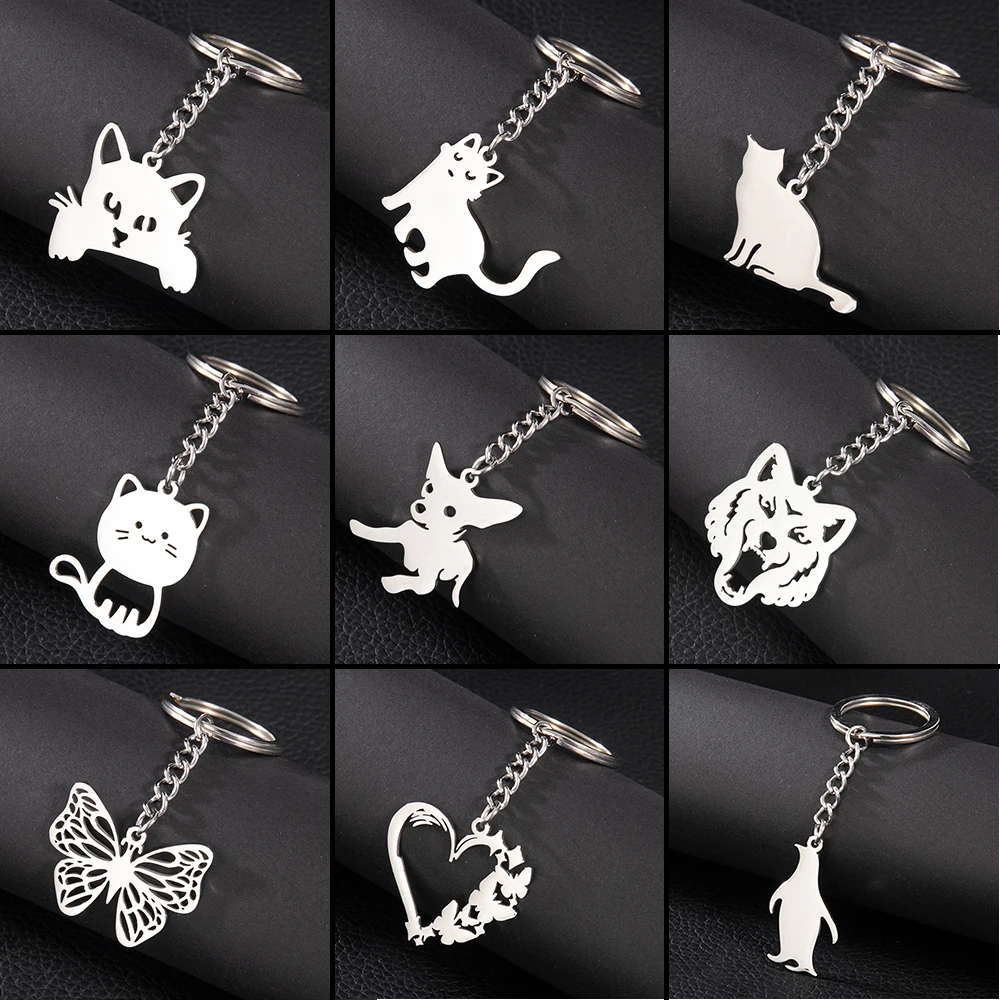 Silver-Color-Stainless-Steel-Cute-Cat-Keychain-Charms-For-Girl-Key-Ring ...