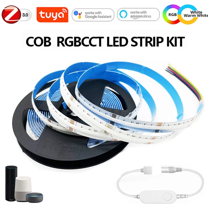 Tuya Zigbee COB LED Light Strip 1M-5M DC24V RGBCCT 840LEDs/m High ...