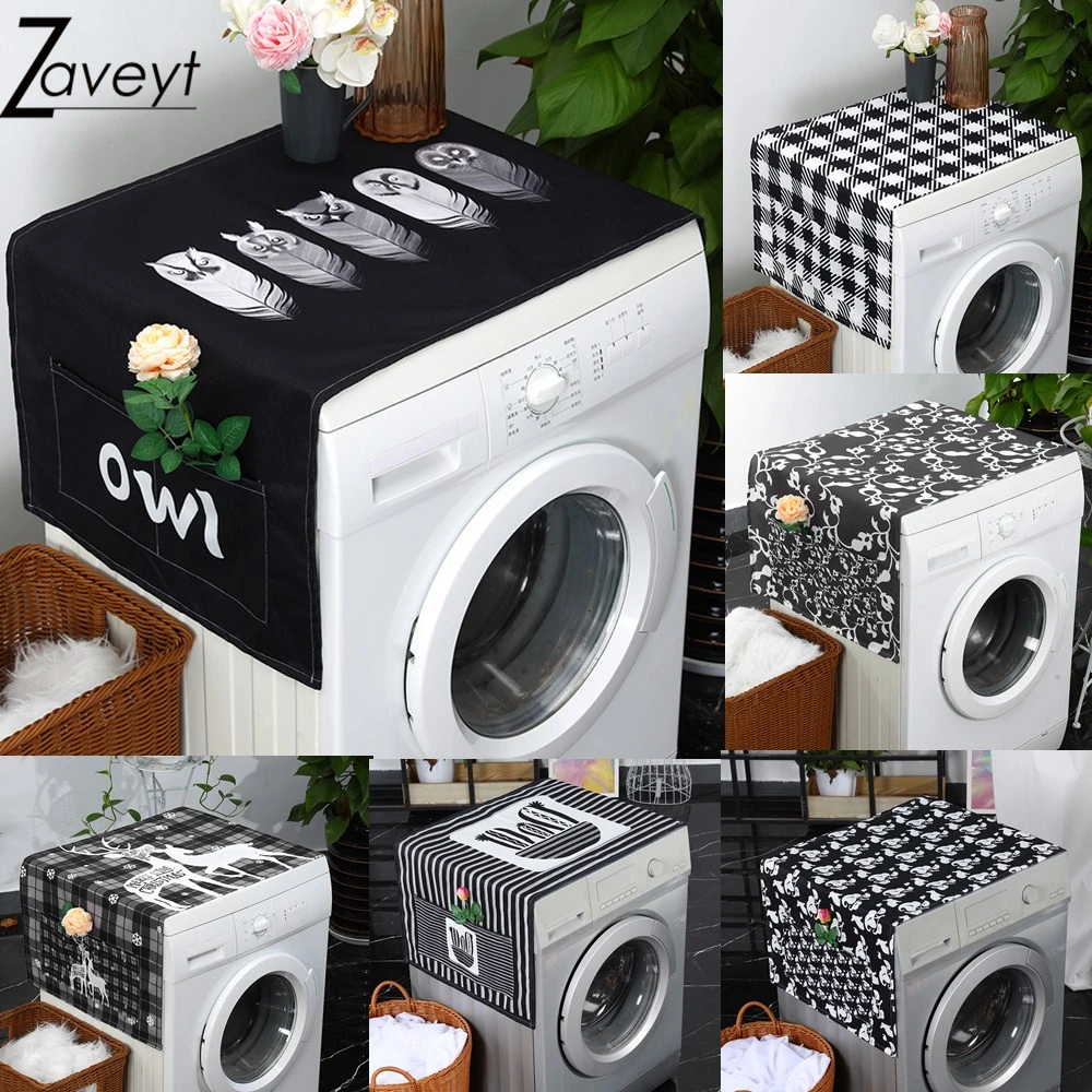 Cartoon-Owl-FeatherPrint-Linen-Washing-Machine-Cover-Black-Geometric ...