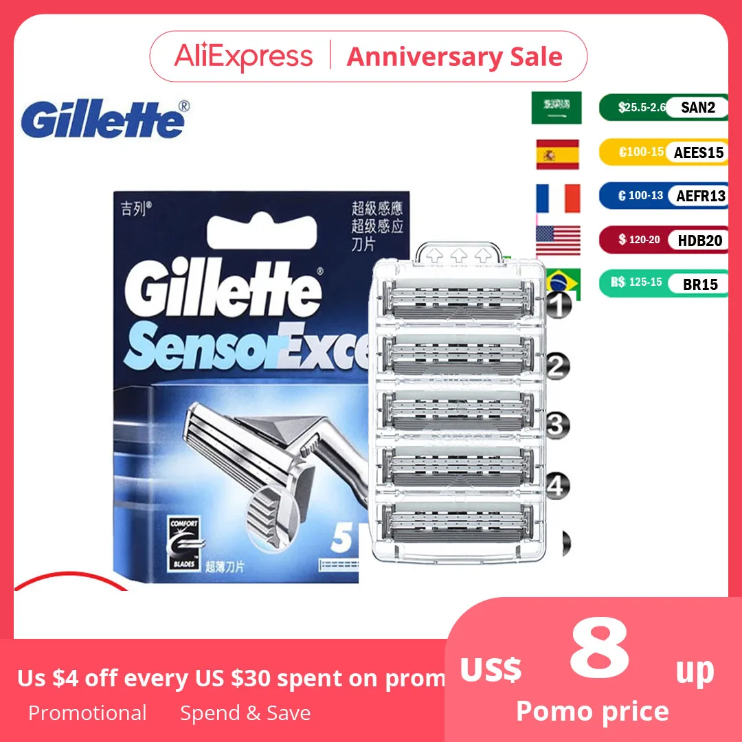 Gillette Sensor Excel Men's Razor Blade Replace Heads Facial Beard ...