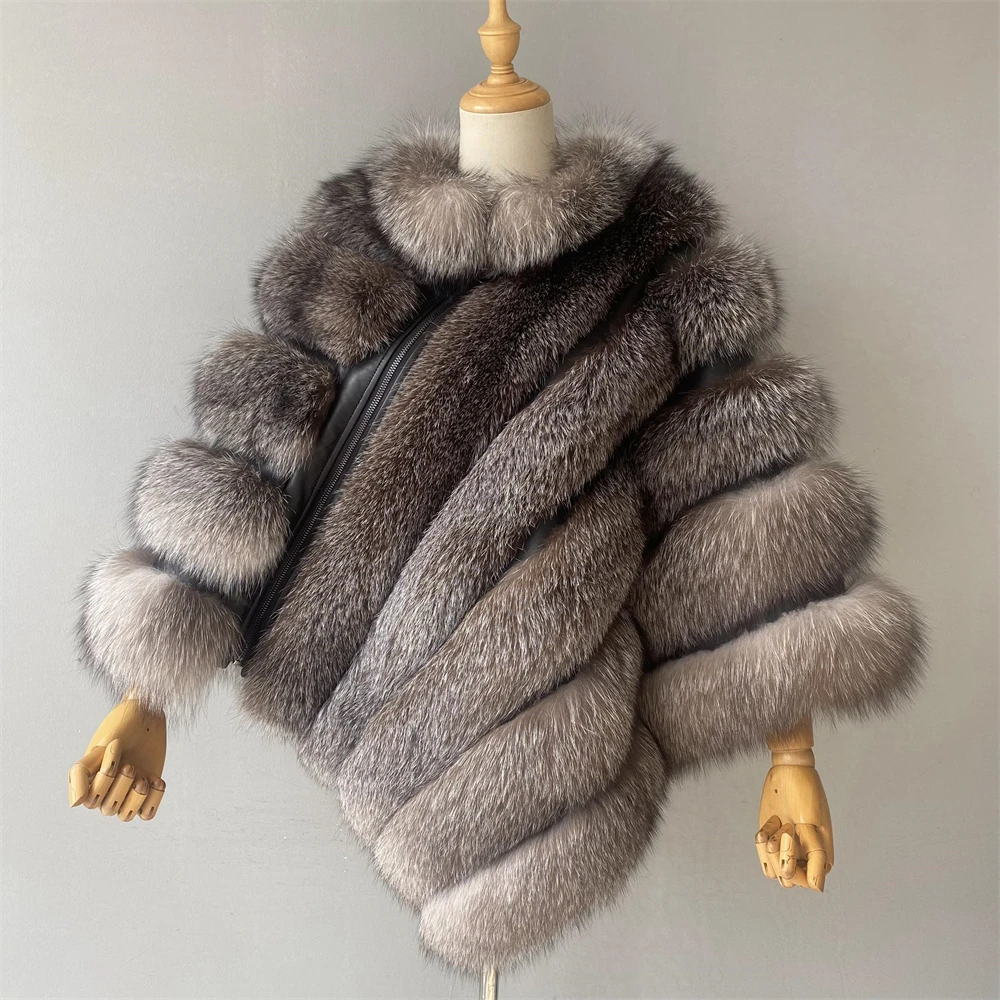 Jaxmonoy Women's Real Fur Cloak Winter Luxury Natural Fur Coat Ladies ...