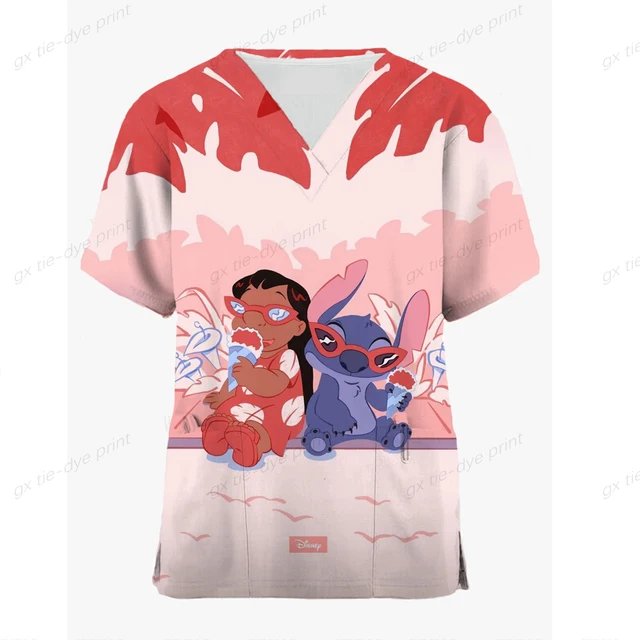 Disney Stitch Print Scrub Tops Women Scrubs Uniform Short Sleeve Ladies ...