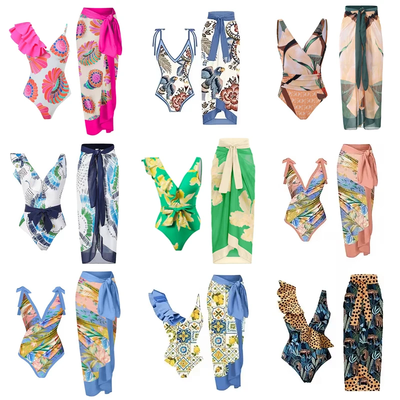 One-Piece Swimsuits Woman Vintage Print Ruffle Deep V Bikini Kimono ...