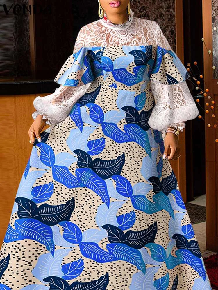 Vonda Floral Printed Maxi Dress 2023 Summer Women Long Sleeve Lace
