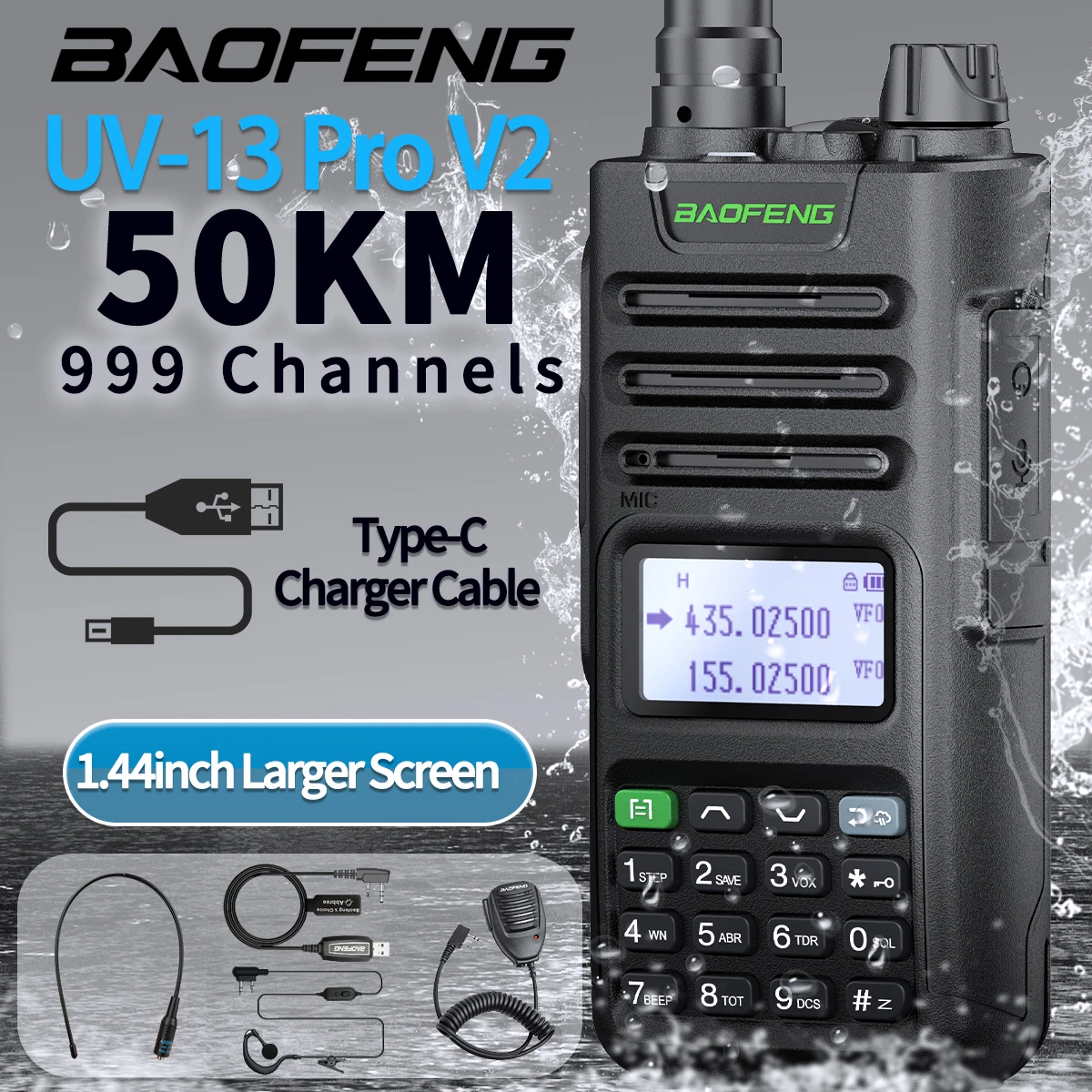 BaoFeng UV-13 PRO V2 10W Powerful Dual Band Walkie Talkie Type-C Charger 16KM Long Range UV13 ...