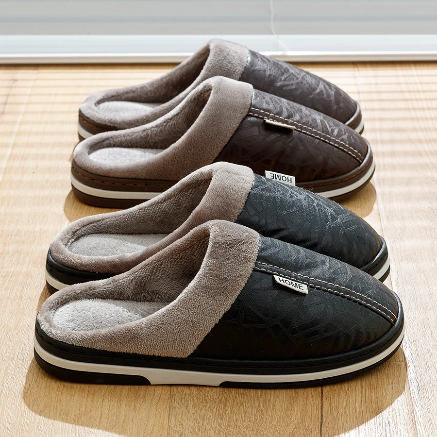 Men-s-Big-Size-Winter-slippers-Indoor-PU-Leather-Home-Waterproof-Fluffy ...