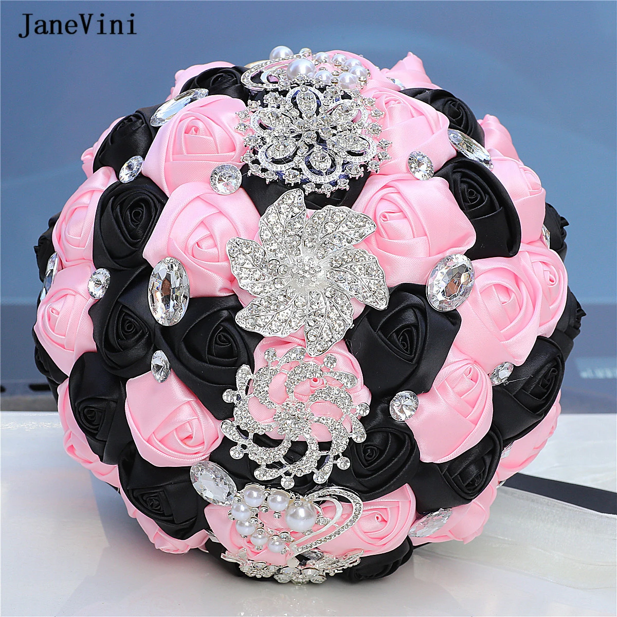 JaneVini-Elegant-Black-Pink-Ribbon-Wedding-Flowers-Bling-Crystals ...