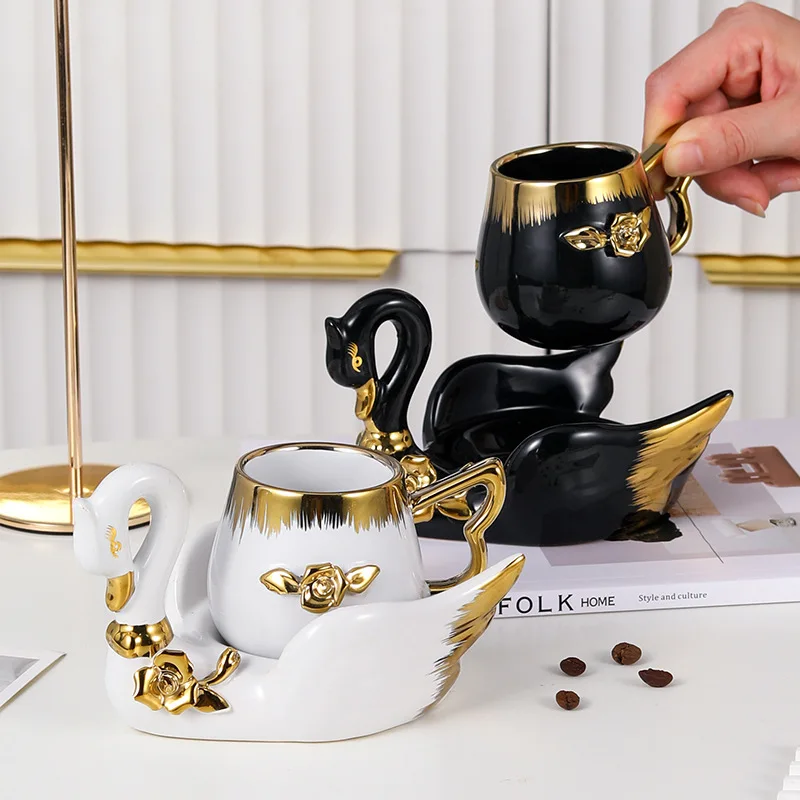 Creative-Ceramic-Hand-squeezed-Flower-Swan-Coffee-Cup-Saucer-Household ...