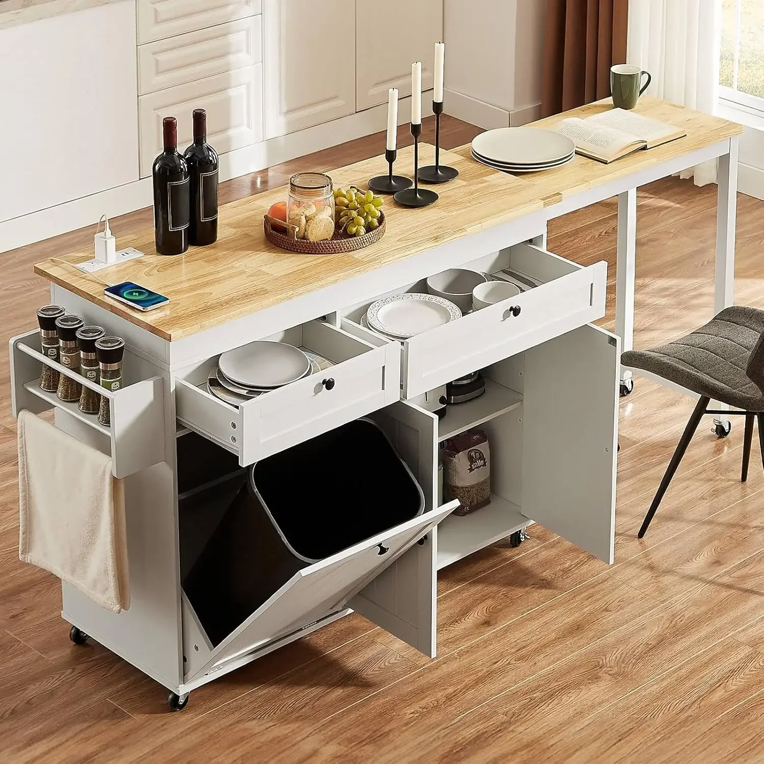 Kitchen Islands with Extendable Dining Table, 81.7" Mobile Kitchen ...