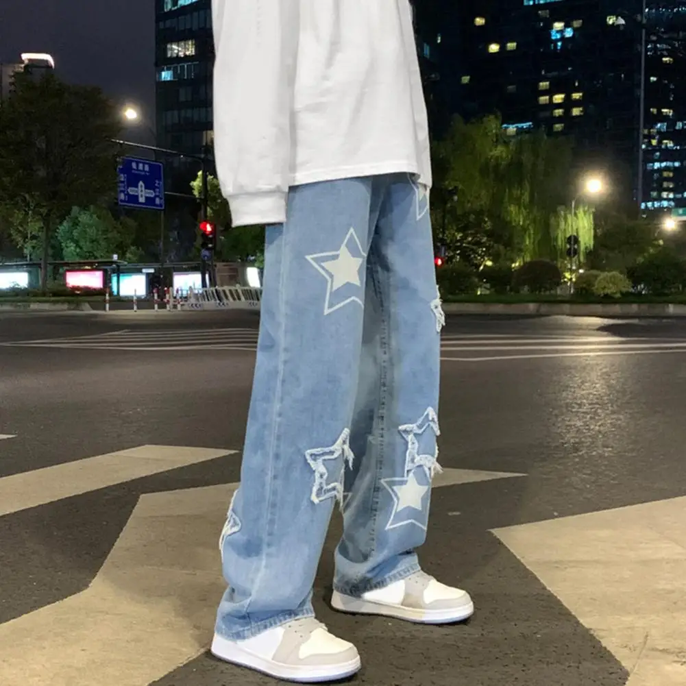 Men Denim Pants Five-pointed Star Pattern Embroidery Loose Wide Leg ...
