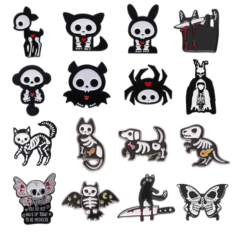 Skeleton Cat Dog Enamel Pins Spider Rabbit Dinosaur Animal Brooches ...