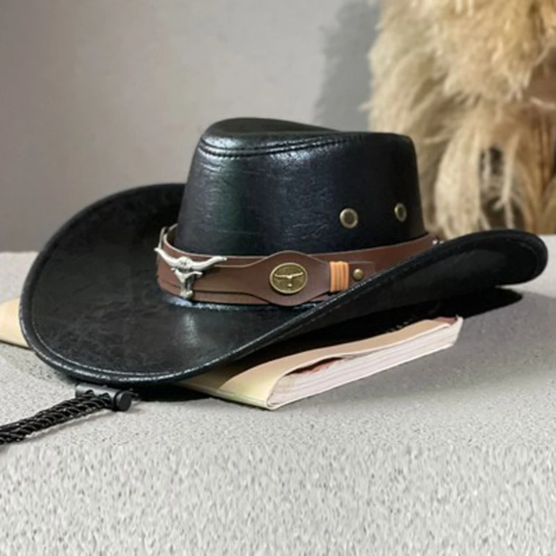 Fashion Western Cowboy Hat Ox Head Belt Rivet Fedora Hat for Men Women ...