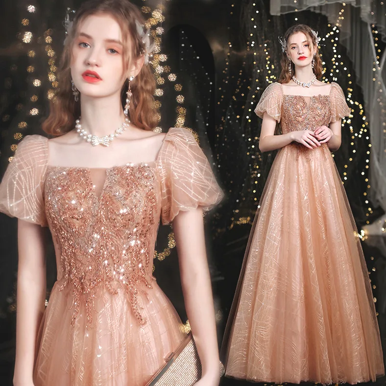 Vestido de festa 2024 Puff Sleeves Boat Neck Prom Long Elegante A Linha ...