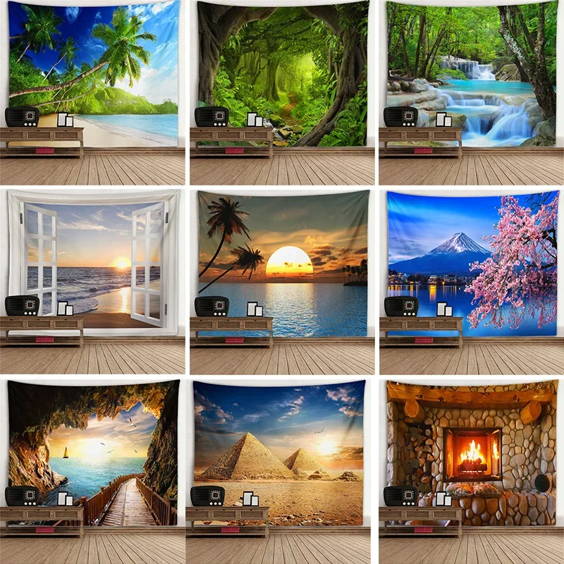 Window-Scenery-Mural-Tapestry-Wall-Background-Cloth-Tree-Forest-Hole ...