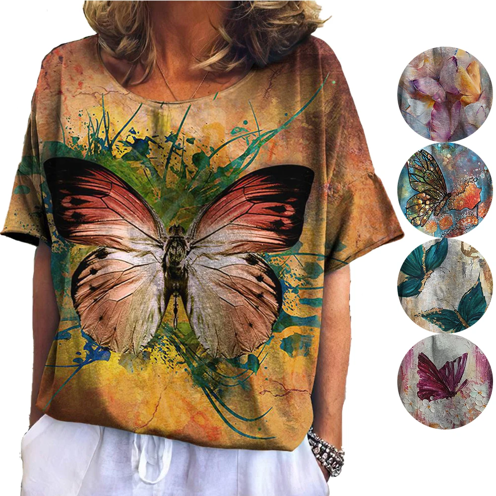 Fashion-Woman-Blouses-Summer-Butterfly-Print-Short-Sleeve-Tops-Female-T ...