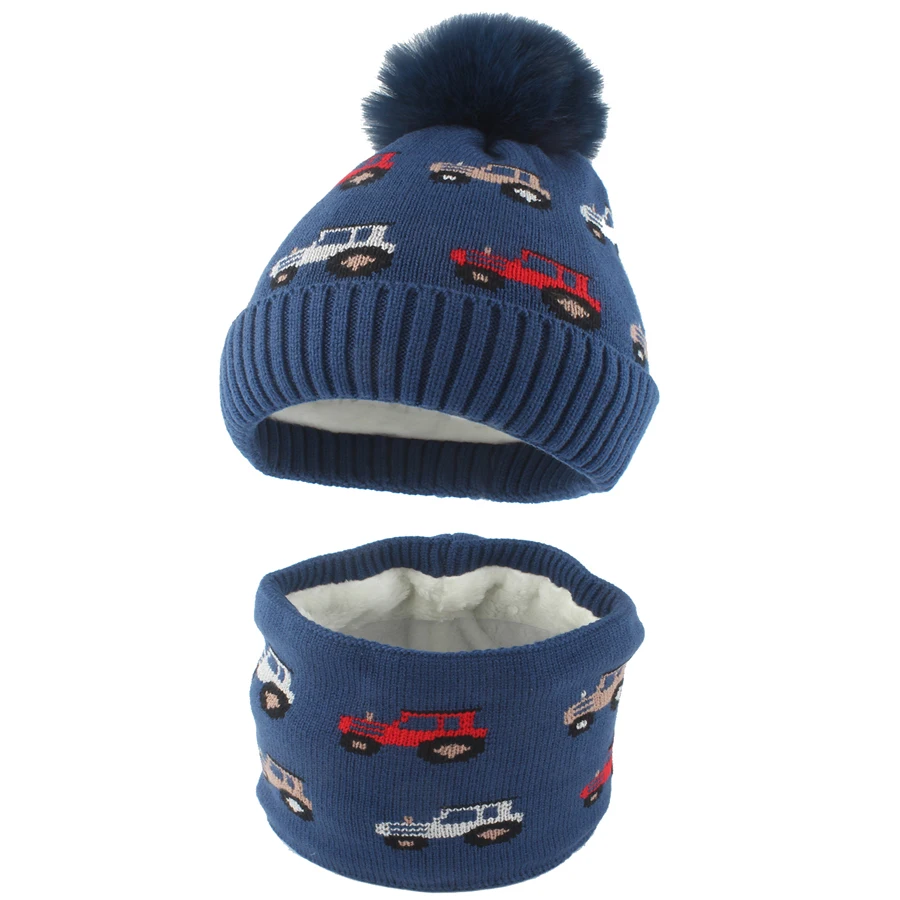 Children Hat Scraf Set Boys Cartoon Car Jacquard Winter Fleece lining ...