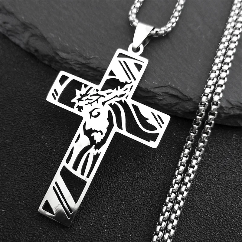 Christ God Cross Jesus Crown of Thorns Chain Necklace Men Stainless ...