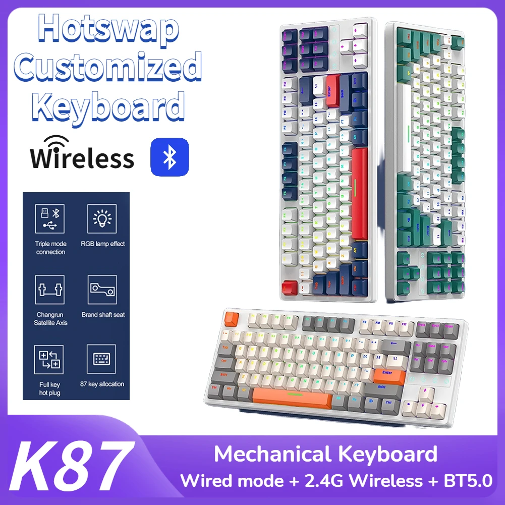K87 게임용 기계식 키보드, 87 키, 레드 옐로우 핫 스왑 스위치, RGB 백라이트, 블루투스 무선 게이머 키보드| | - AliExpress