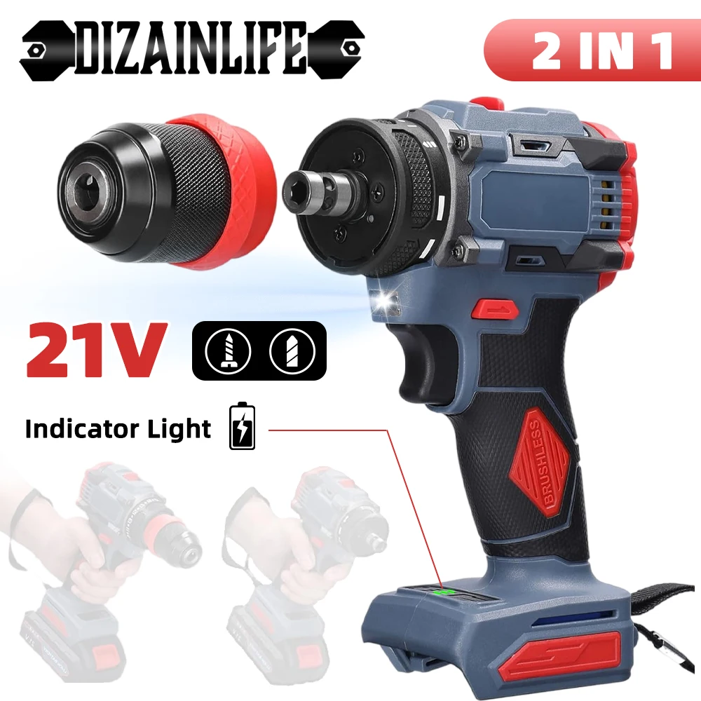21v Brushless 2 In 1 Electric Screwdriver Drill 55nm Rechargeable