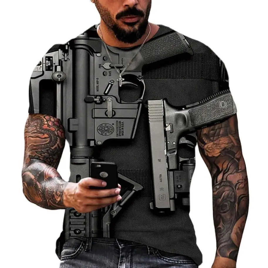 Military-Style-Men-s-T-Shirt-Gun-Print-Short-Sleeve-Tops-Street-Casual ...