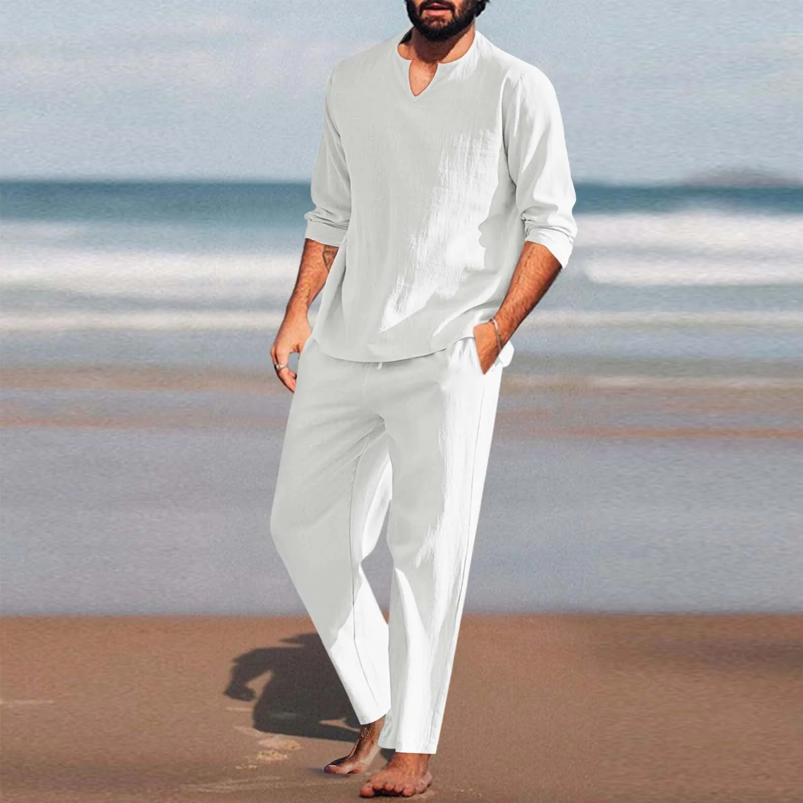 Summer-2Pcs-set-Men-s-Cotton-Linen-Blend-Sets-Long-Sleeve-V-neck-T ...