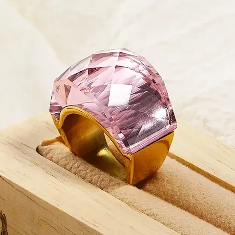 Luxury-Large-Pink-Crystal-Ring-Stainless-Steel-Fashion-Beautiful-Party ...