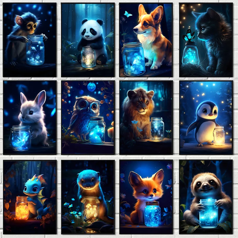 Cute-Animal-Poster-Blue-Fluorescence-Butterfly-Lion-Dog-Monkey-Tiger ...